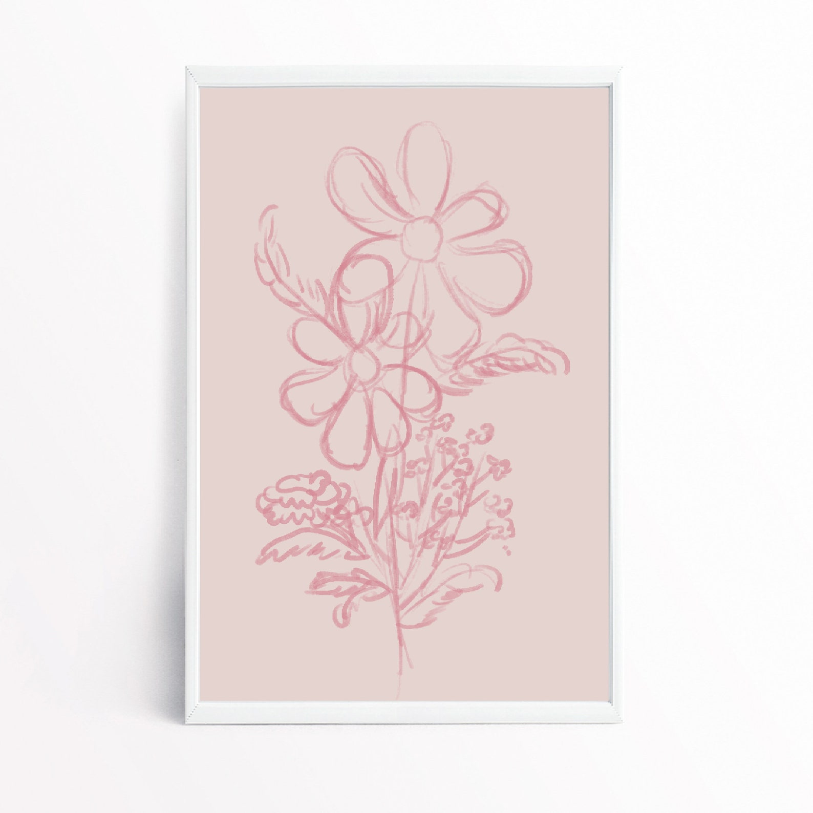 Pink Flower Line Art, Set of 2 Digital Prints. Flower Print Set, Floral ...