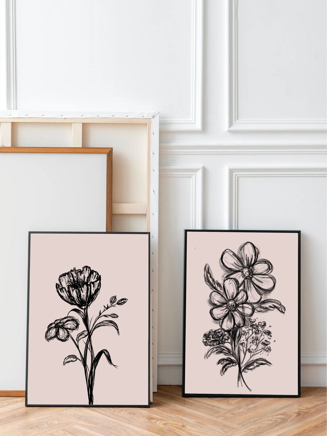 Modern Flower Line Art Prints Botanical Wall Art Set of 2 Prints Pink ...