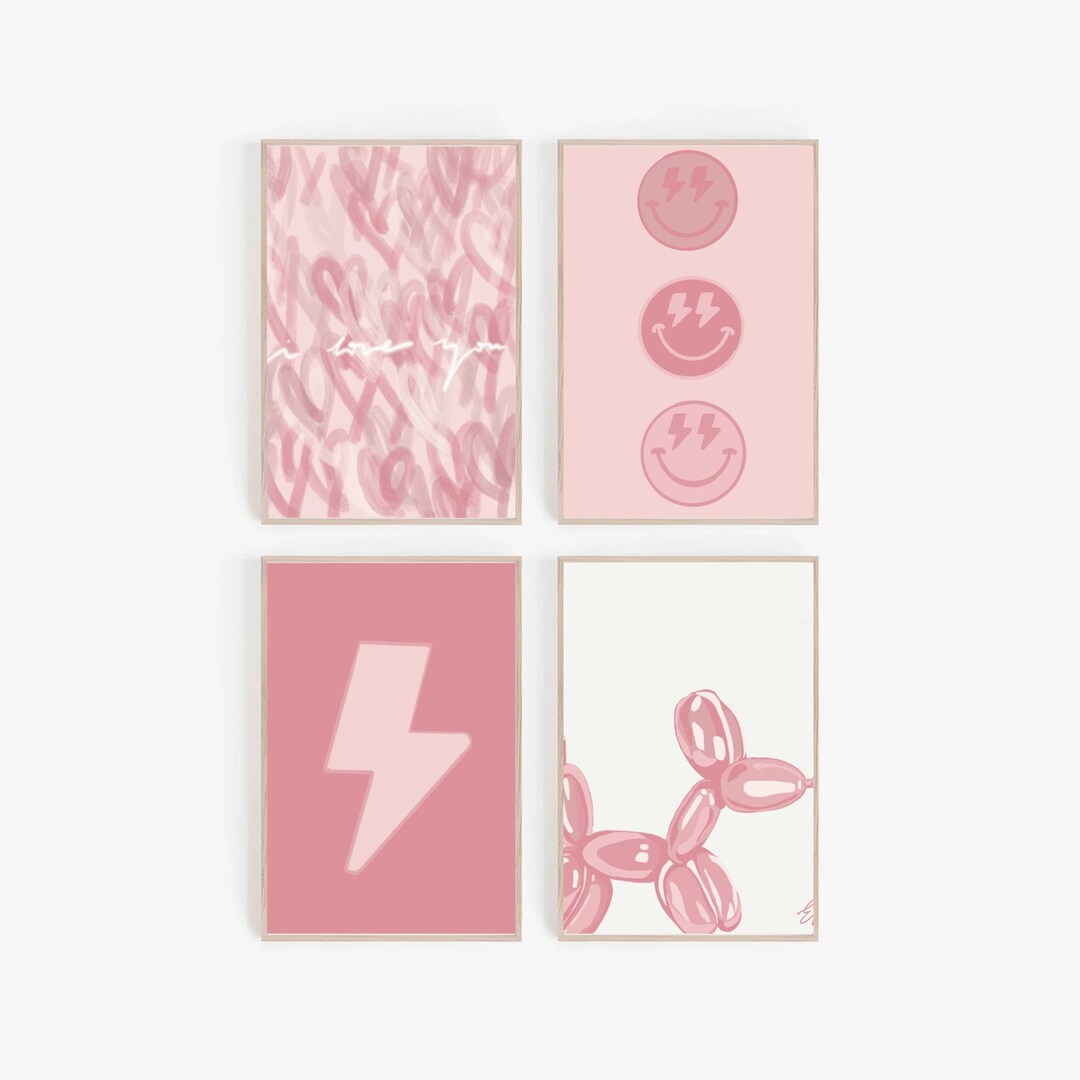 Trendy Preppy Pink Wall Art Set of 4 Digital Prints Aesthetic Wall Art ...