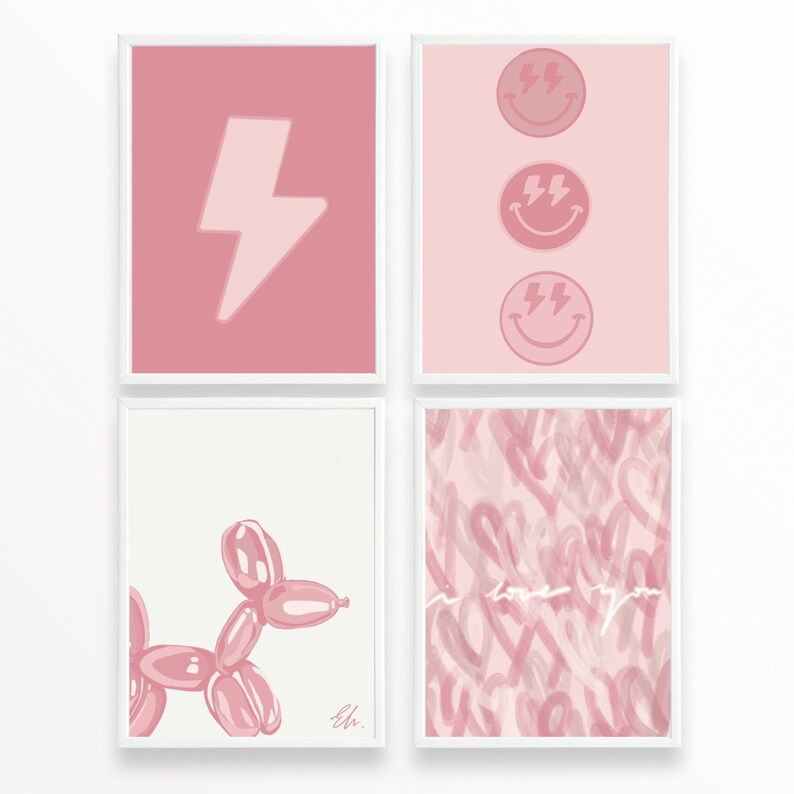 Trendy Preppy Pink Wall Art Set of 4 Digital Prints Aesthetic Wall Art ...