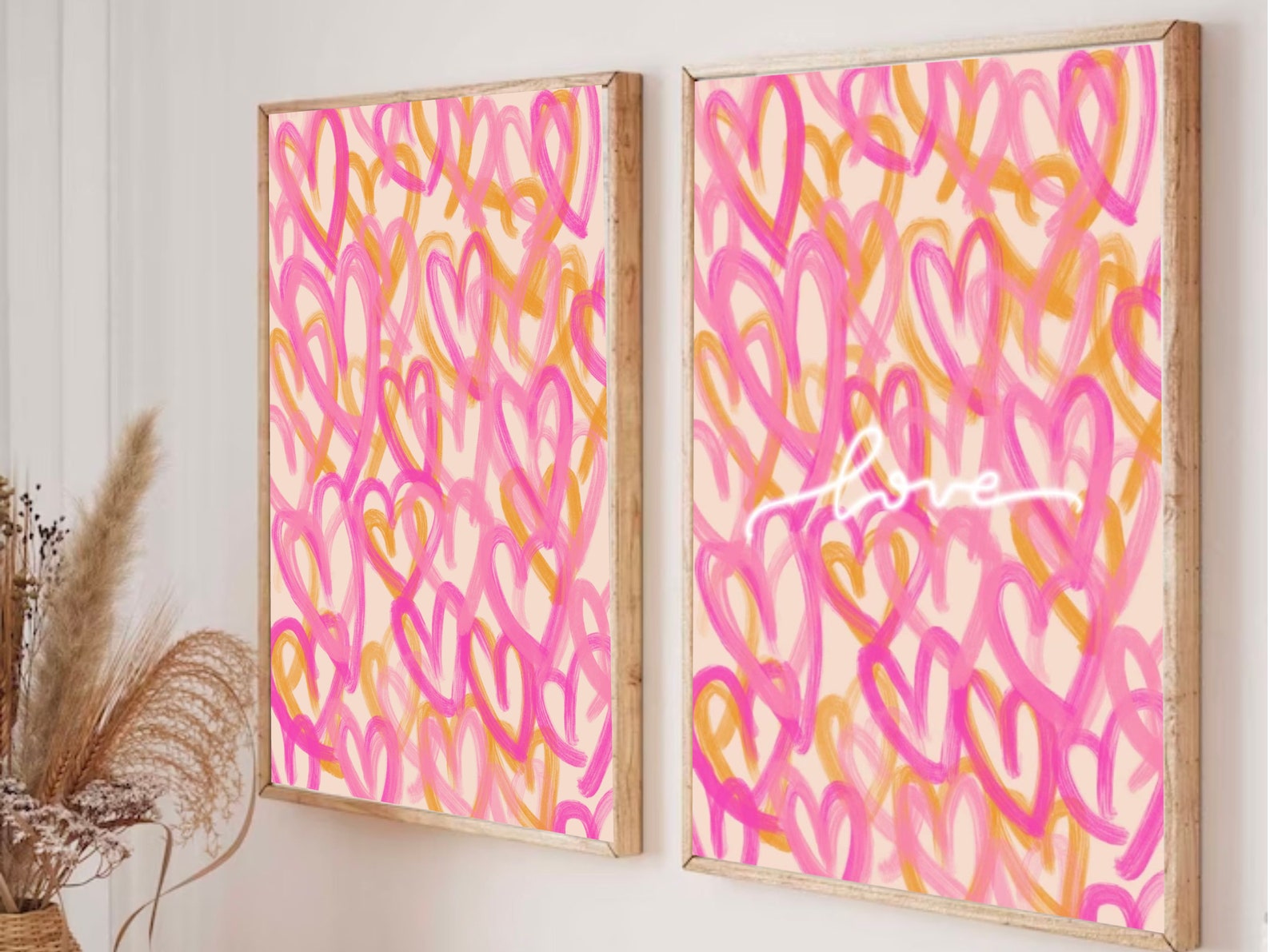 Trendy Preppy Hot Pink Hearts Wall Art Set of 2 Abstract Hearts Art ...
