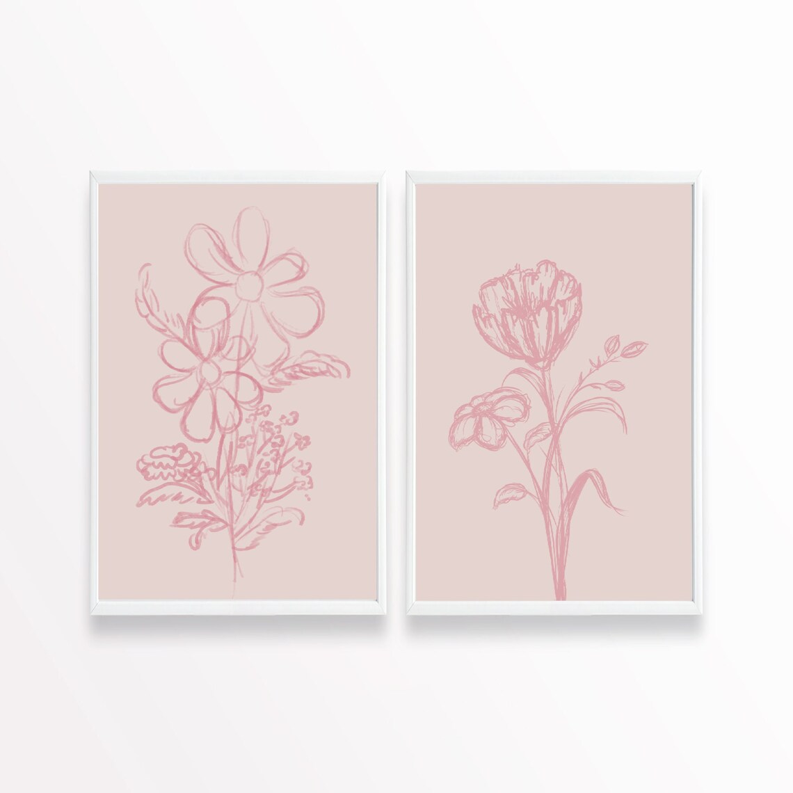 Pink Flower Line Art, Set of 2 Digital Prints. Flower Print Set, Floral ...