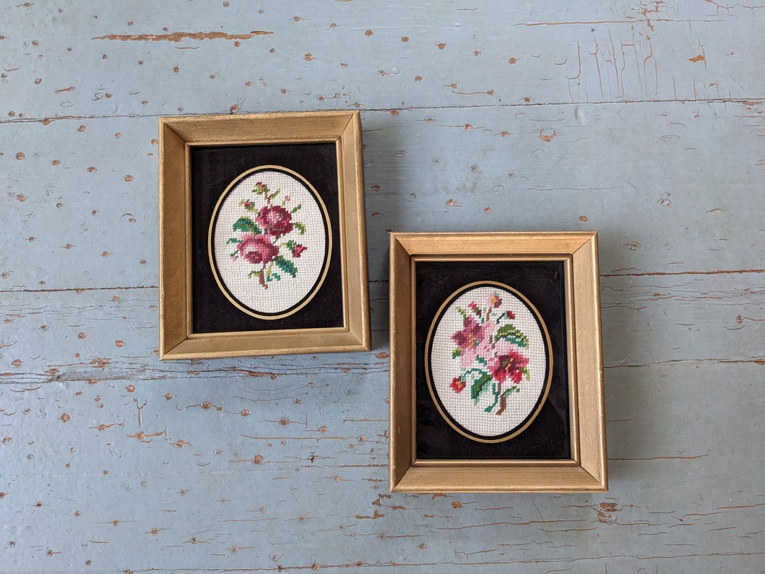 Vintage Framed Flower Needlepoint Stitchery Set - Etsy