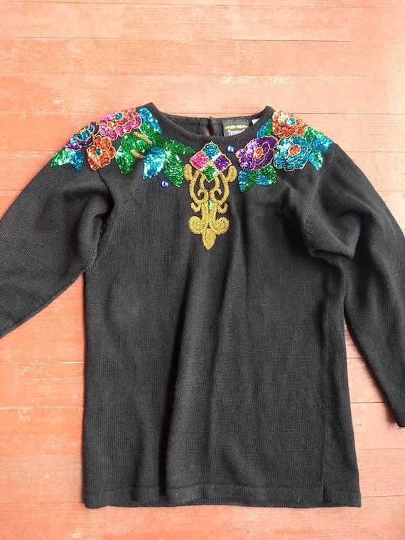 Vintage embroidered and bejeweled 1990s sweater with … - Gem