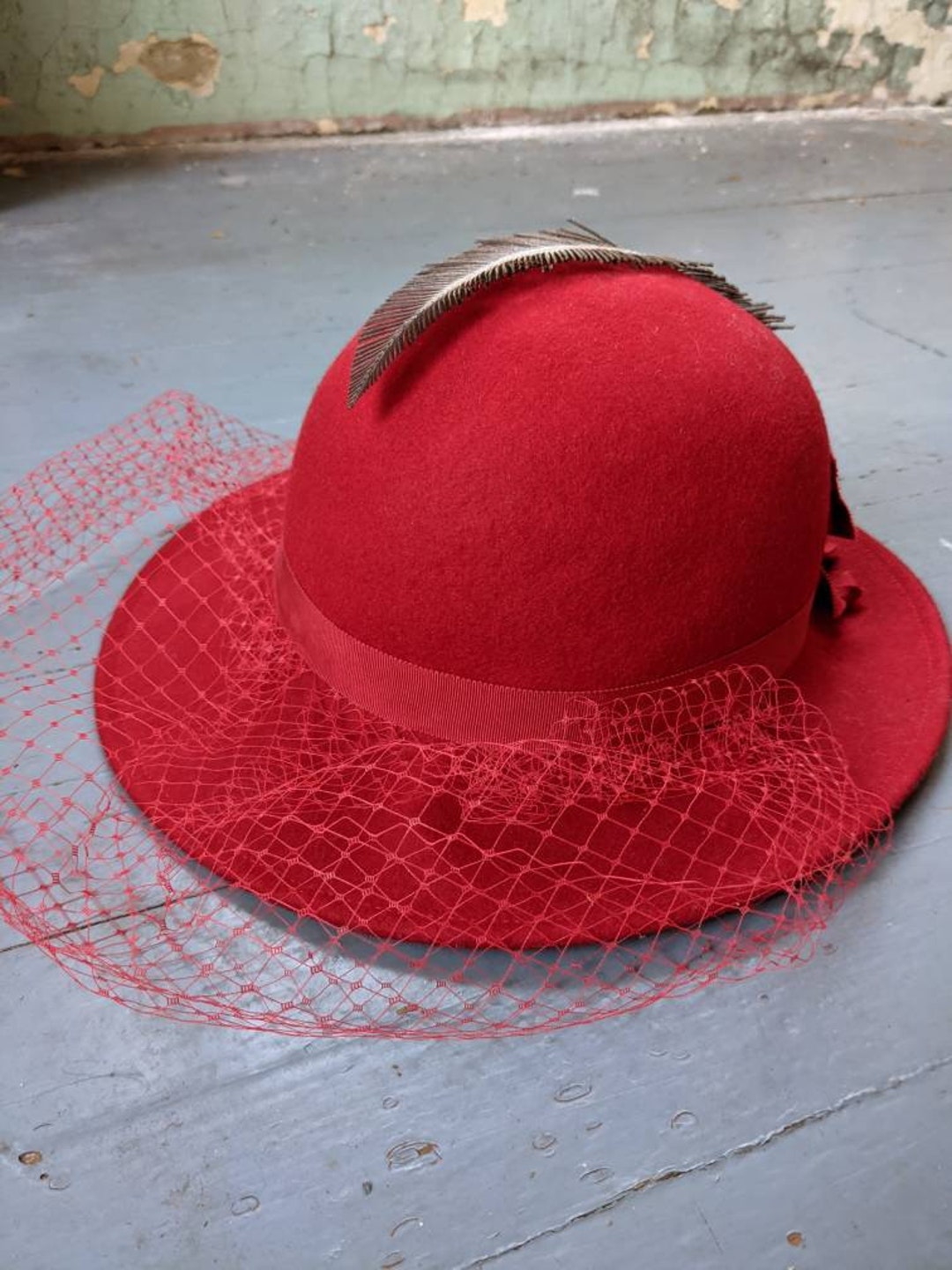 Vintage Red Boiled Wool Brimmed Hat With Veil and Feather - Etsy