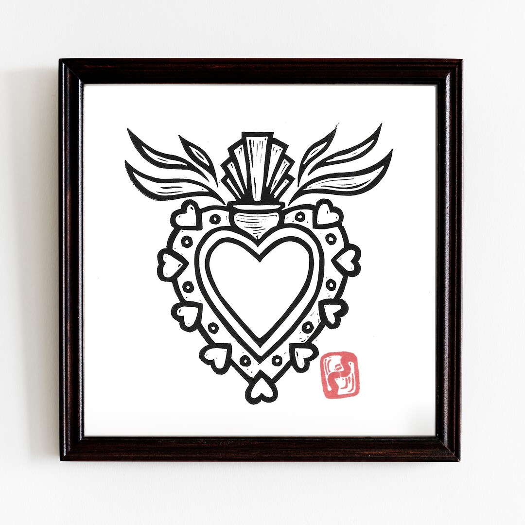 5 Sacred Heart Milagro Corazon Manifesting Love Block Print Linoleum ...