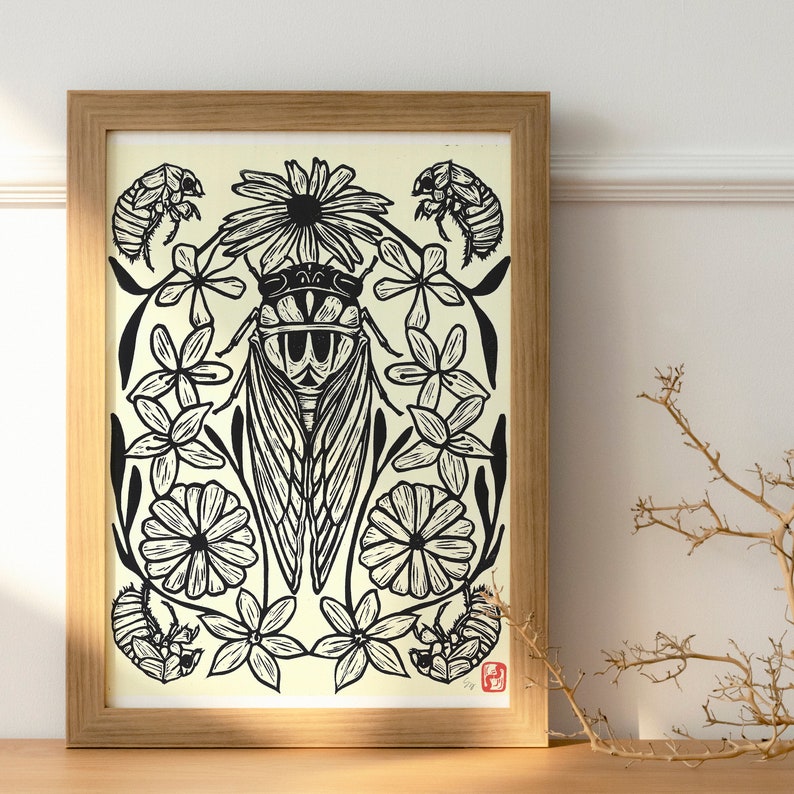 9x12 Cicada and Wildflowers Block Print Linoleum - Etsy