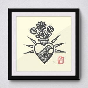 5" Sacred Heart Milagro Corazon Nature ADVENTURE Block Print Linoleum ...