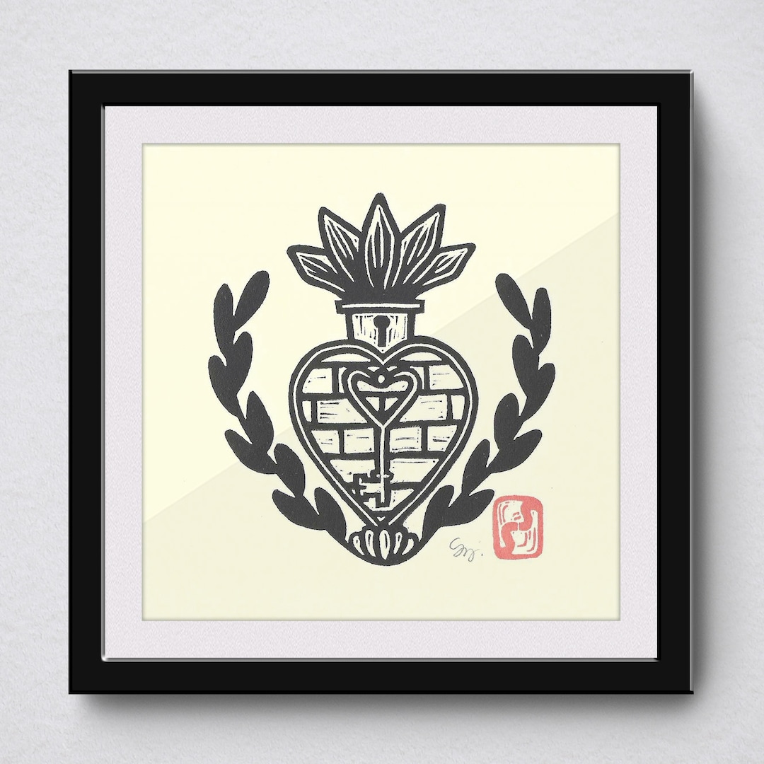 5" Sacred Heart Milagro Corazon HOME House Block Print Linoleum Print ...