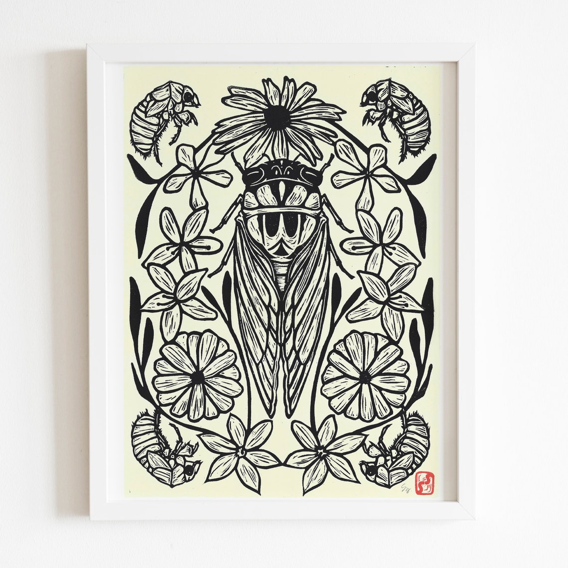 9x12 Cicada and Wildflowers Block Print Linoleum - Etsy