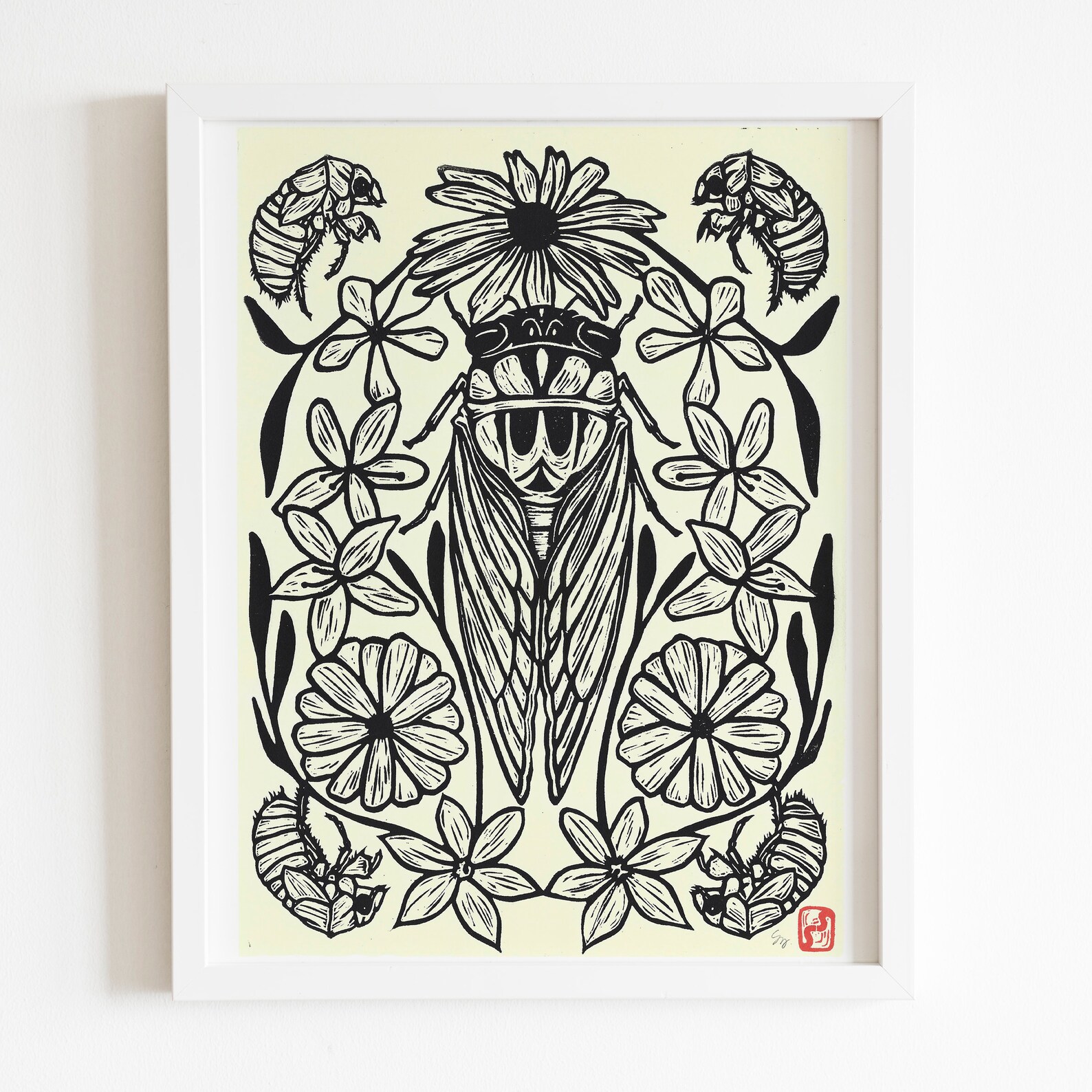 9x12 Cicada and Wildflowers Block Print Linoleum - Etsy