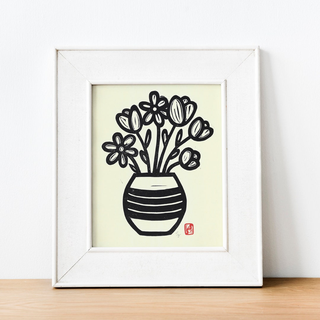8"x10" Floral Vase Block Print Linoleum Print Housewarming Gift Mini ...