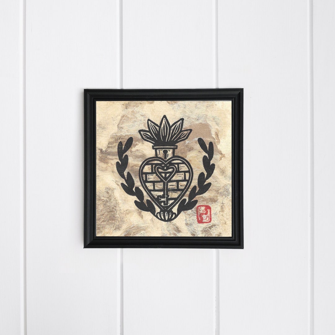 5" Sacred Heart Milagro Corazon Home House Block Print Linoleum Print ...