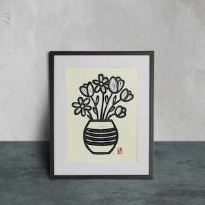 8"x10" Floral Vase Block Print Linoleum Print Housewarming Gift Mini ...