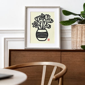 8"x10" Floral Vase Block Print Linoleum Print Housewarming Gift Mini ...
