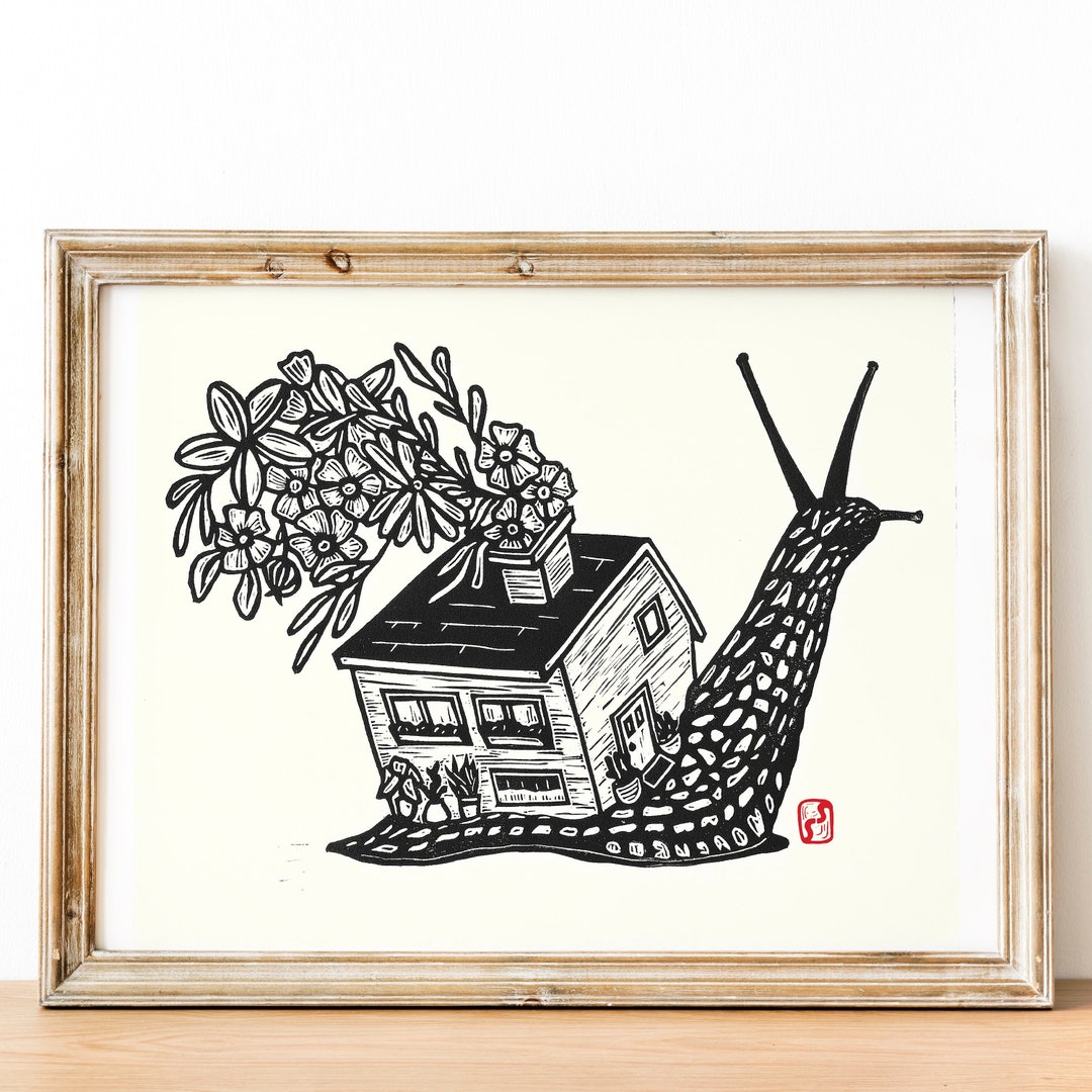 8"x10" Snail House Block Print Linoleum Print Housewarming Gift Friend ...
