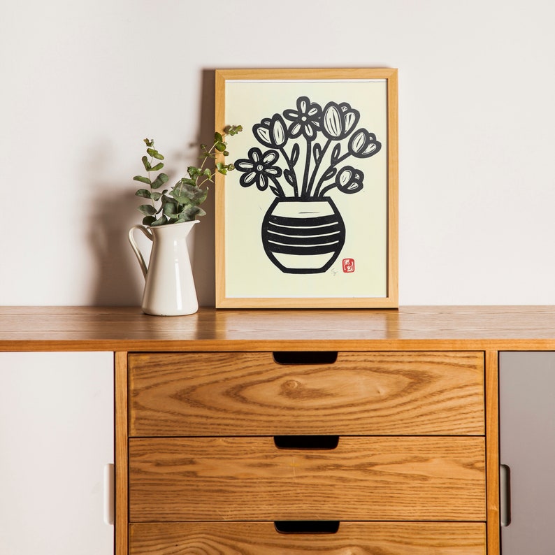 8x10 Floral Vase Block Print Linoleum Print - Etsy