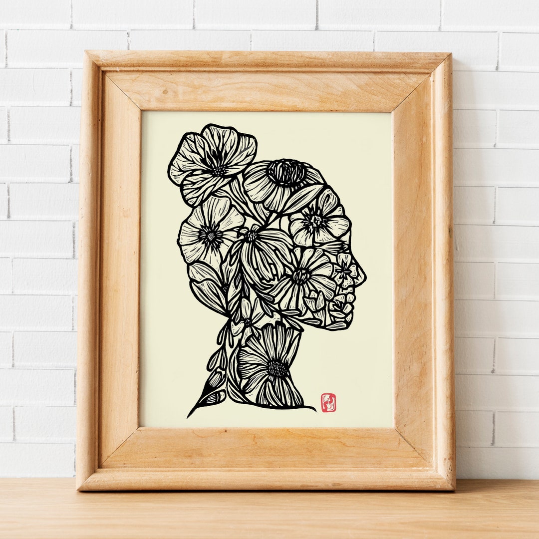9"x12" Wild Flower Girl Block Print Linoleum Print Housewarming Gift ...