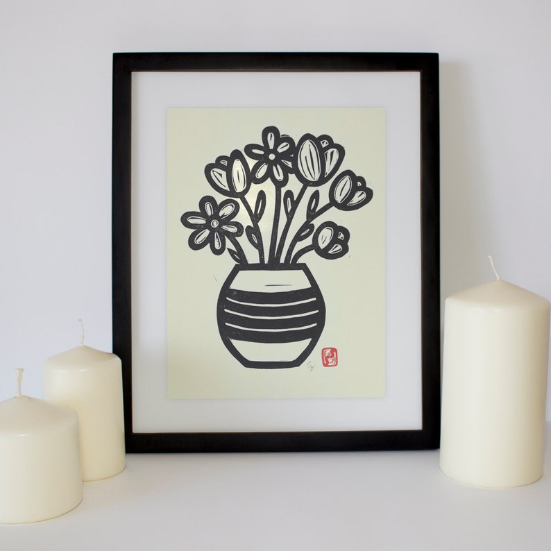 8x10 Floral Vase Block Print Linoleum Print - Etsy