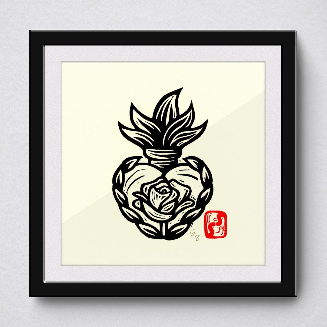5" Sacred Heart ROSE Milagro Corazon Block Print Linoleum Print ...