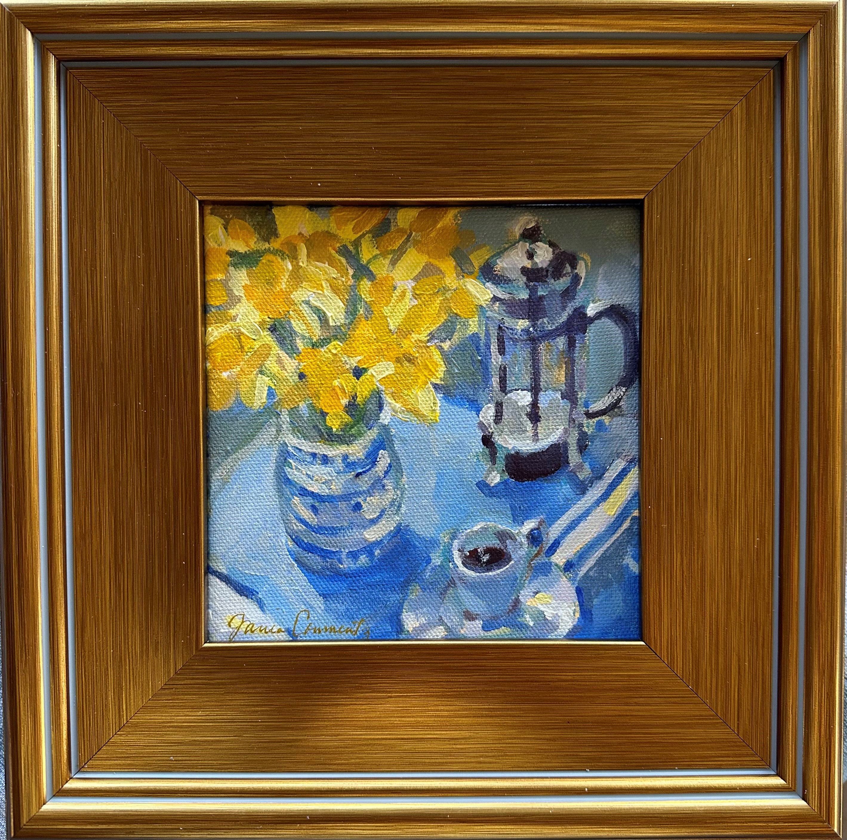 Painting - Original Painting of Daffodils, French Press and Coffee 6x6 ...