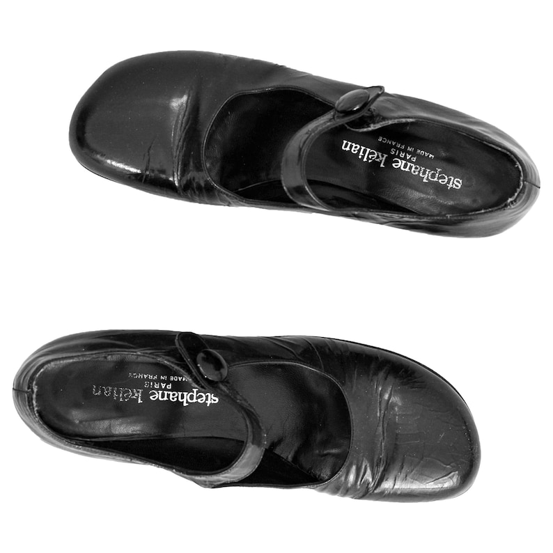 BLACK MARY JANES 10 90s Y2k Vintage Patent Leather Low Chunky Heel ...