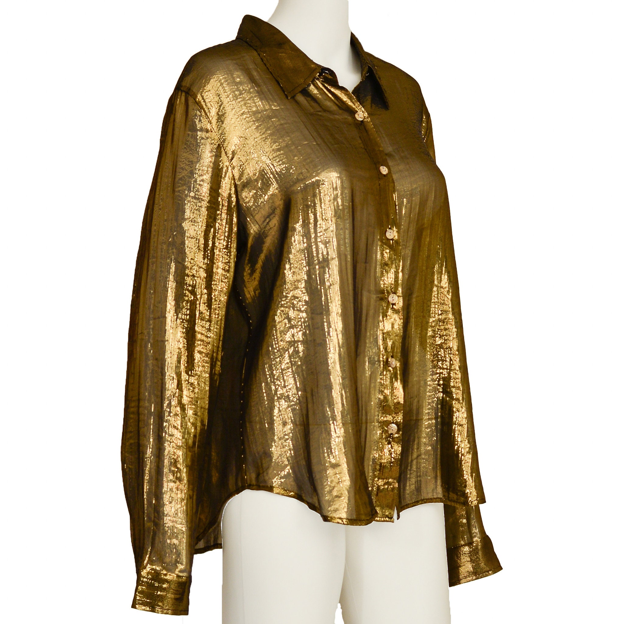 GOLD SILK BLOUSE L Xl 90s Vintage Metallic Long Sleeve Button Down ...