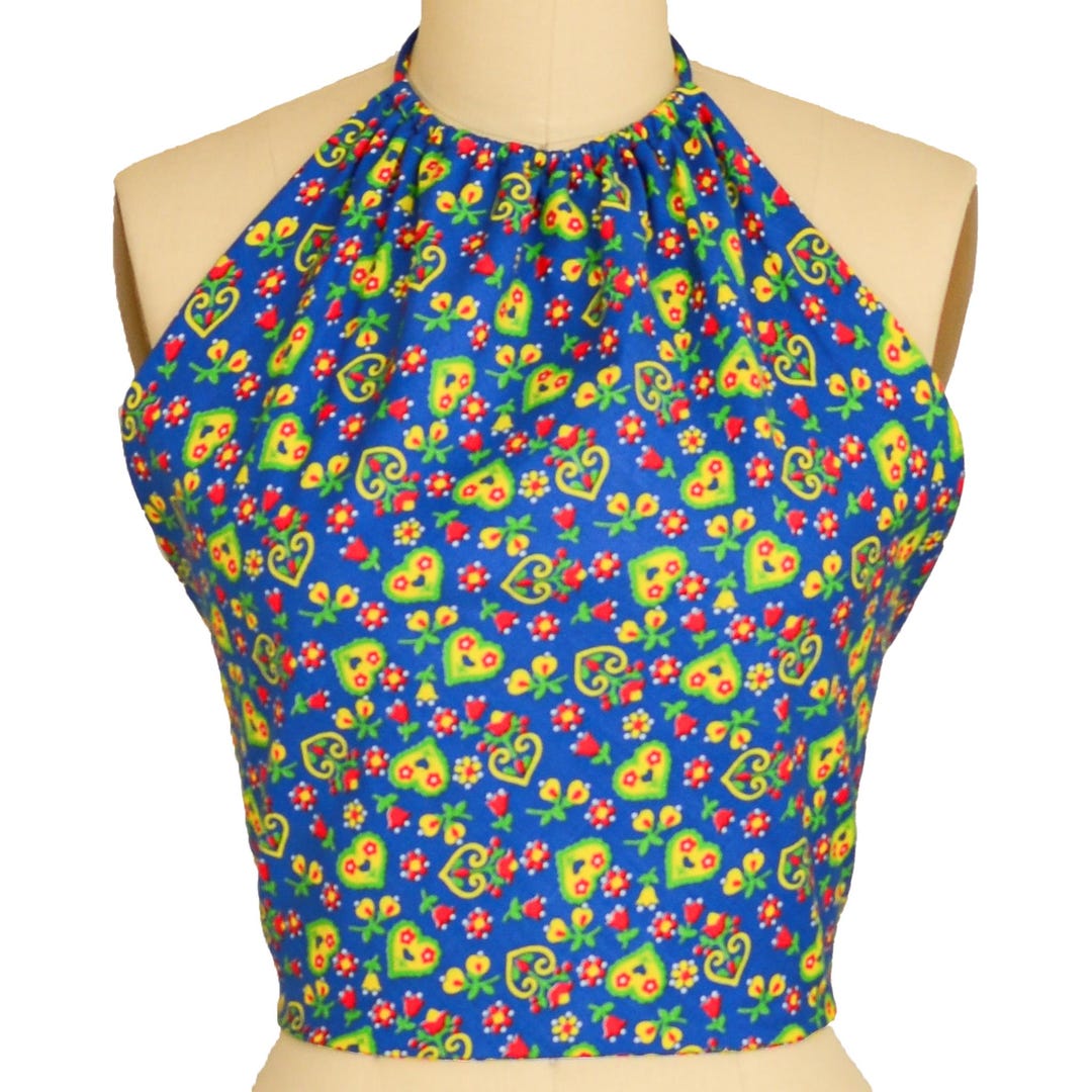 BLUE HALTER TOP Os 70s Vintage Heart Tulip Dutch Folk Print Cotton ...