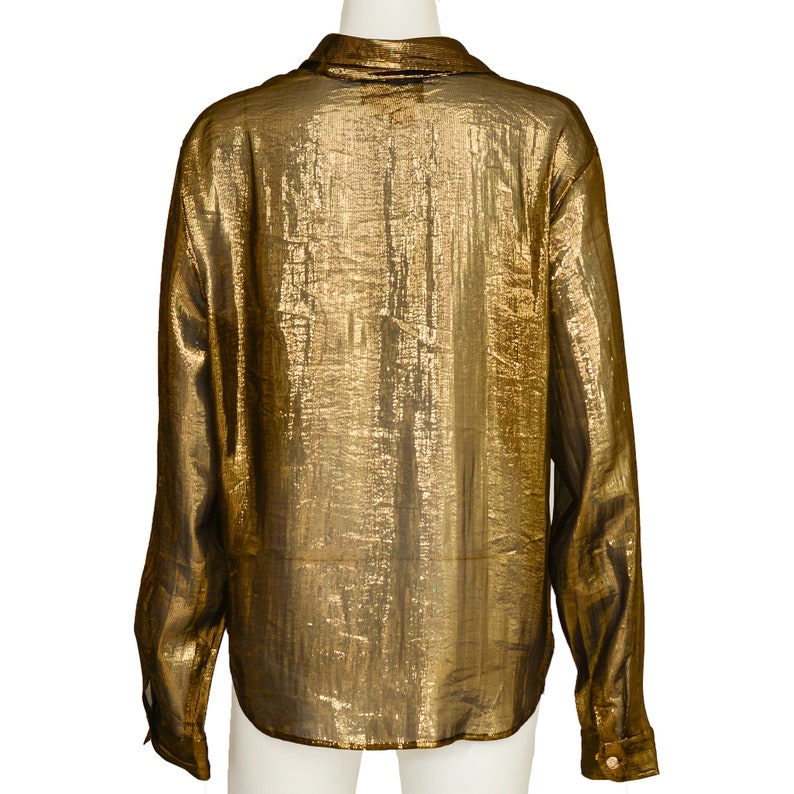 GOLD SILK BLOUSE L Xl 90s Vintage Metallic Long Sleeve Button Down ...