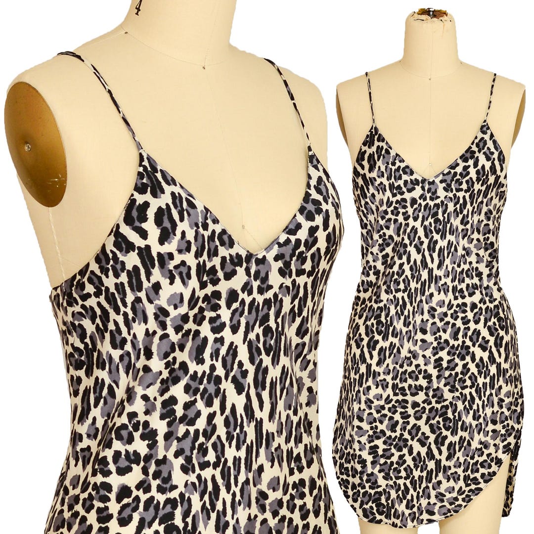 LEOPARD PRINT SLIP M Y2k Vintage Bias Cut Silk Mini Dress White Black Grey Asymmetric Hem V Neck ...
