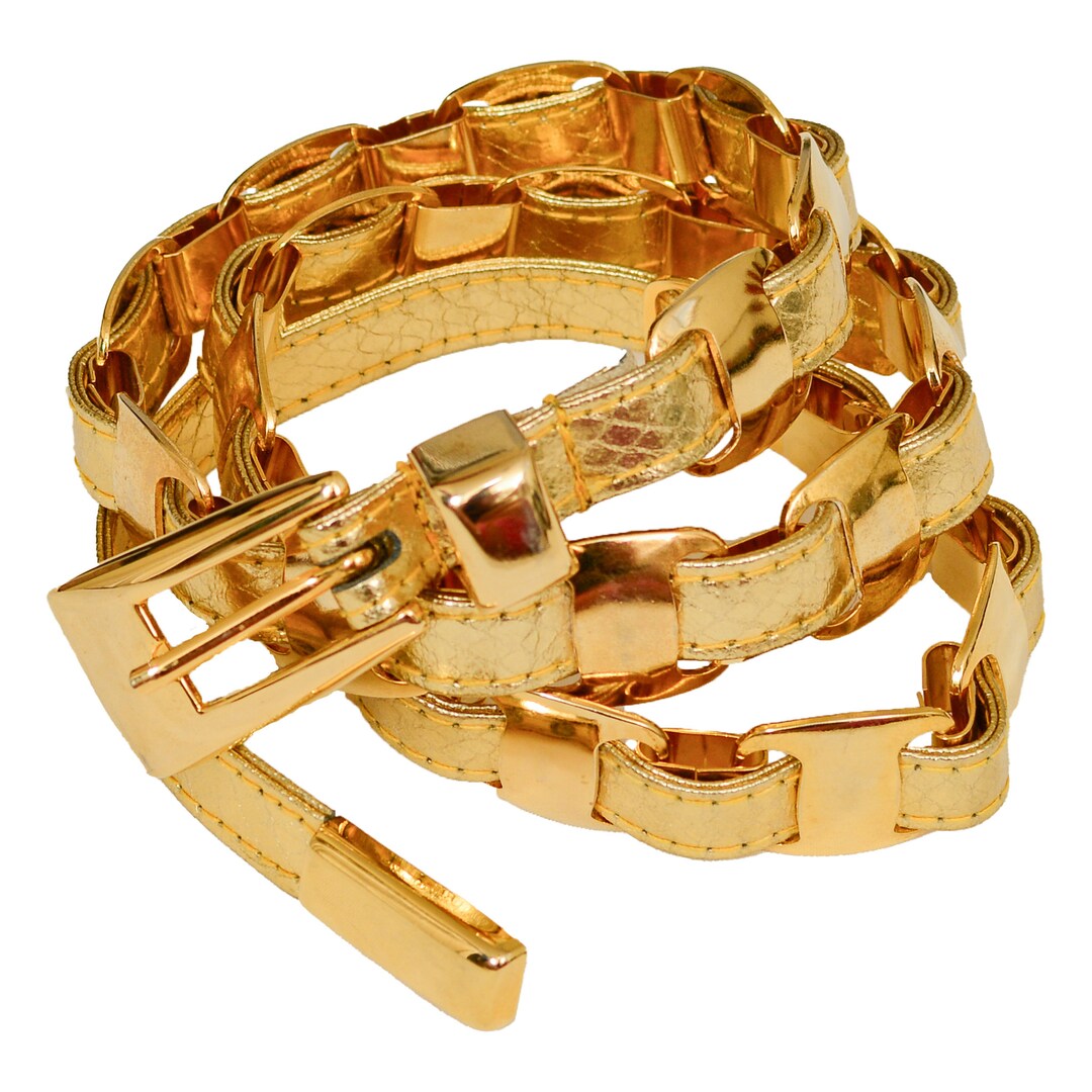 GOLD SNAKESKIN BELT L 80s Vintage Metallic Leather Chain Link Skinny Ab ...