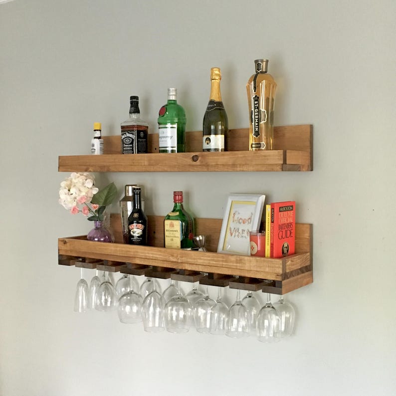 Wood Wine Rack Shelf | the Ryan | Wall Mounted Shelf & Hanging Stemware ...