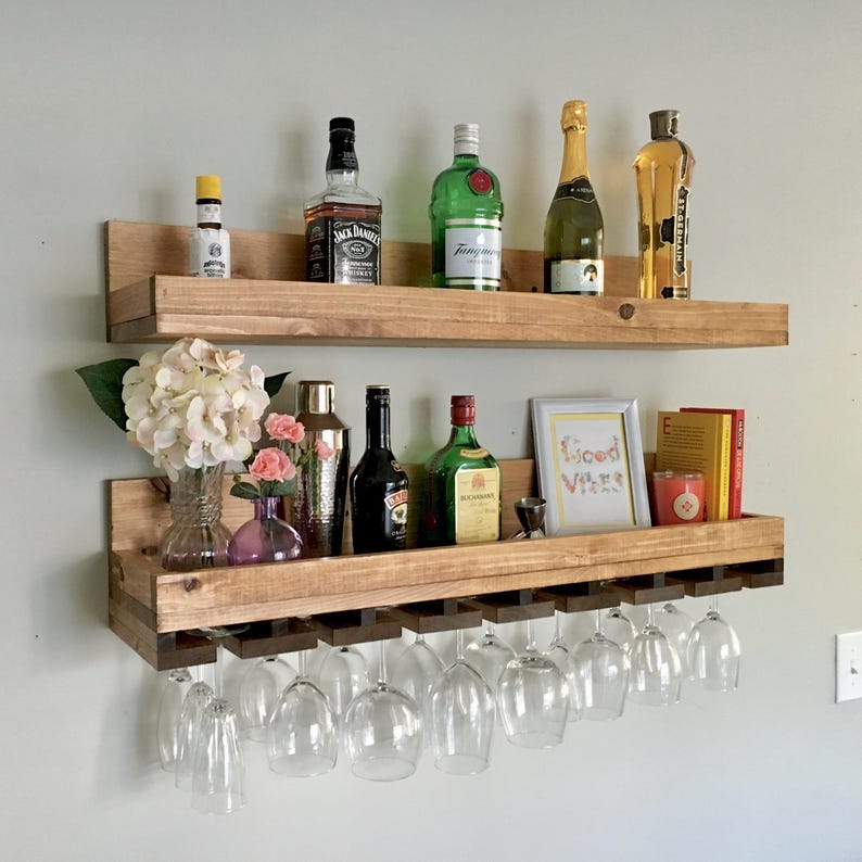 Wood Wine Rack Shelf | the Ryan | Wall Mounted Shelf & Hanging Stemware ...