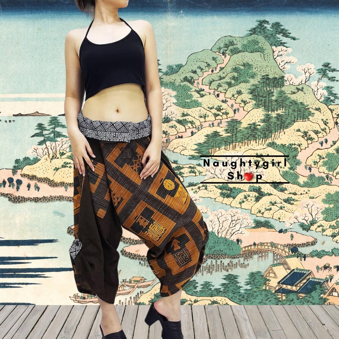 Pikalda-cotton Samurai Harem Pants: Brown & Yellow Aladdin Trousers ...
