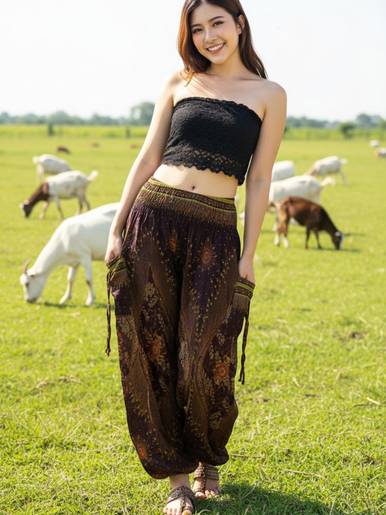 Pikalda-brown Rayon Harem Pants: Women's Hippie Comfy Boho Loungewear ...