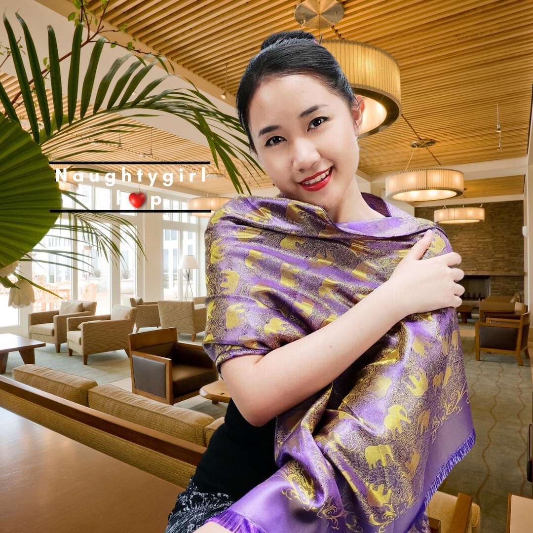 Thai Silk Scarf: Purple Gold Elephant Print Boho Wrap SK001 - Etsy