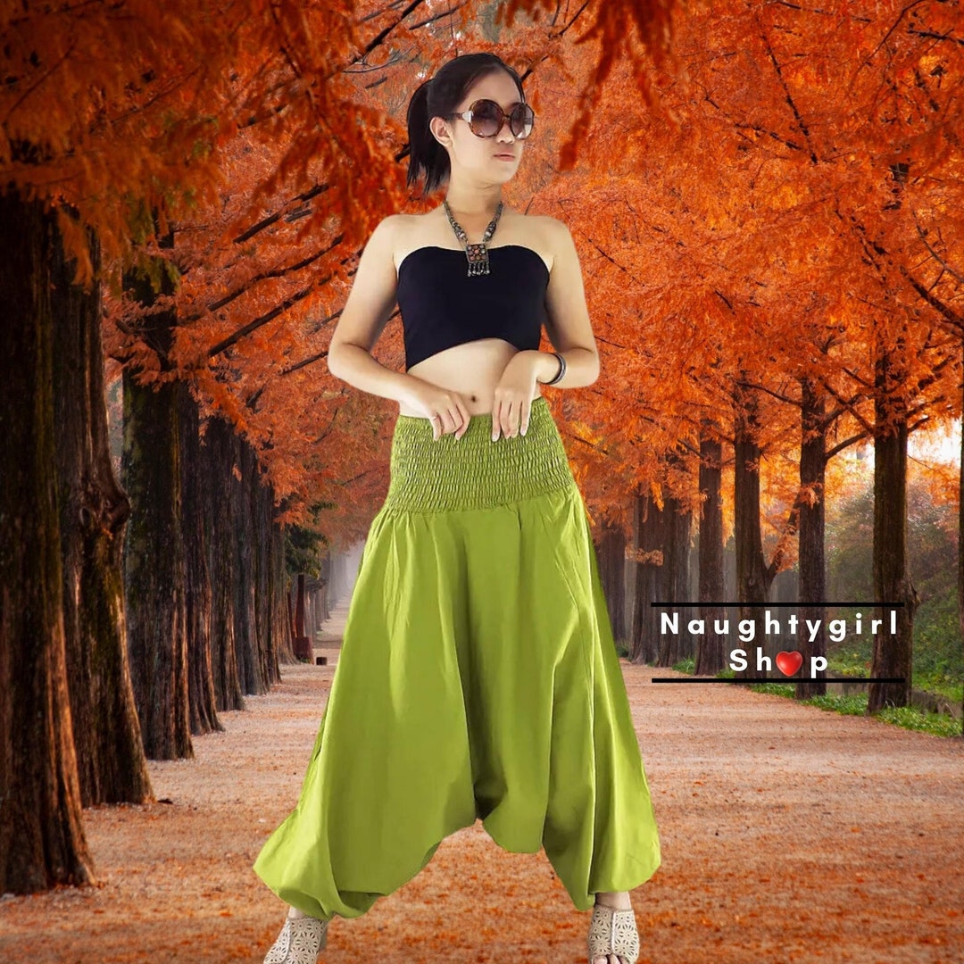 Green Cotton Harem Pants: Boho Smocked Waist Aladdin Trousers HCP10 - Etsy