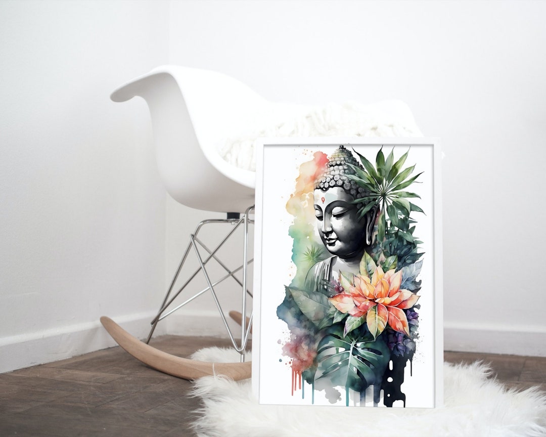 Buda de acuarela imprimible, Buda de arte de pared tropical en flores ...
