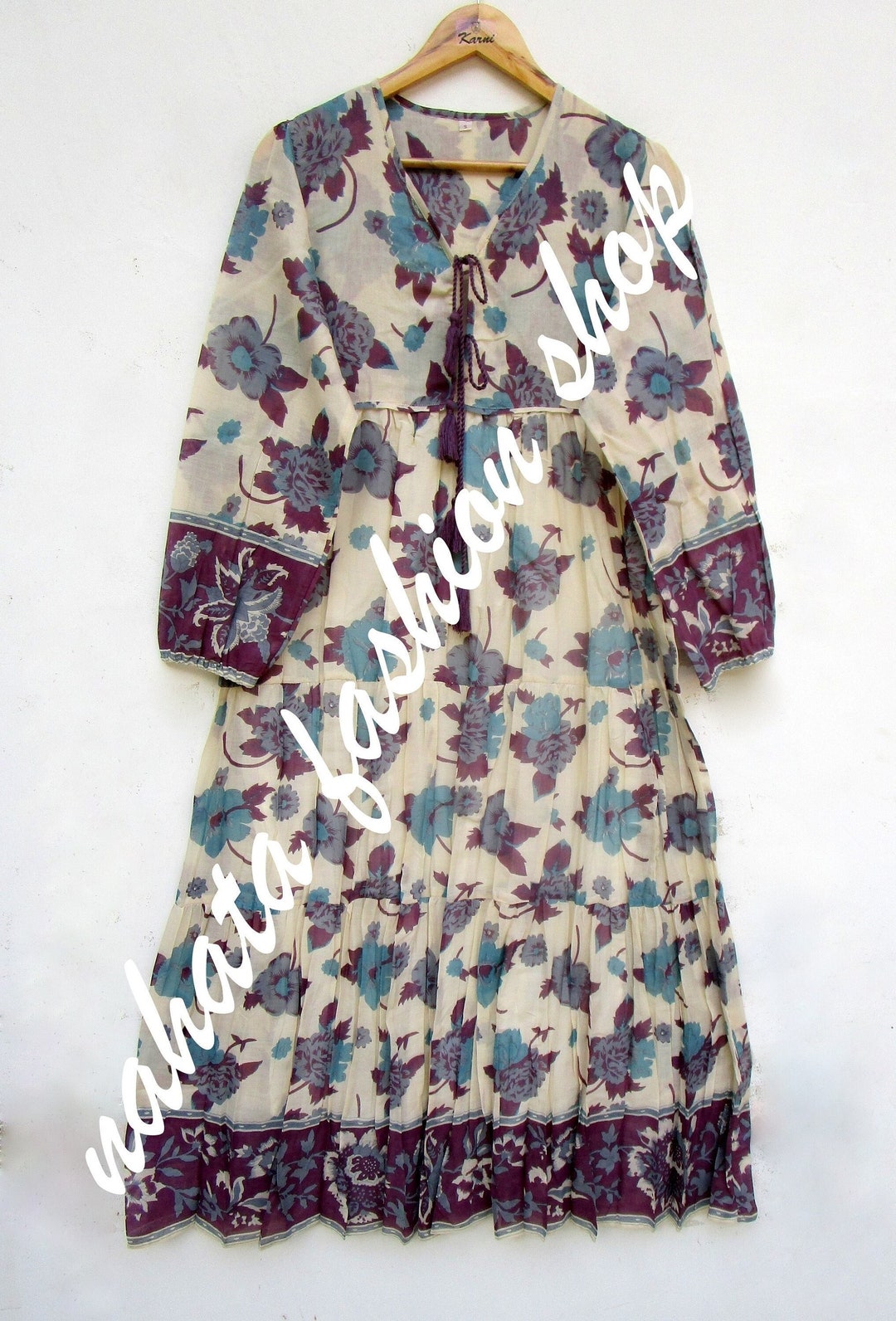 Screen Printed Flower Look Long Maxi Dress V Neckline With Tassel Maxi ...