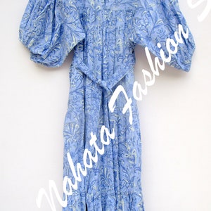 Cotton Blue Plant Hand Block Printed Women's Summer Maxi Dress With ...