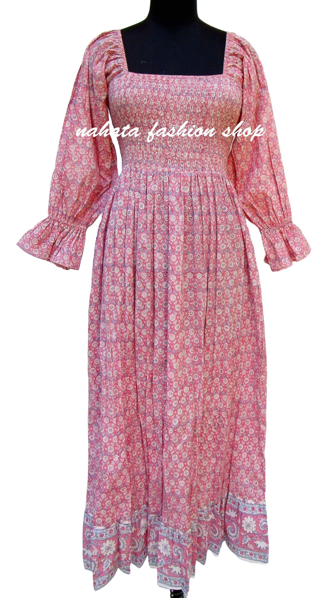 Pink Block Print Cotton Maxi Dress – Square Neckline With Smocked ...