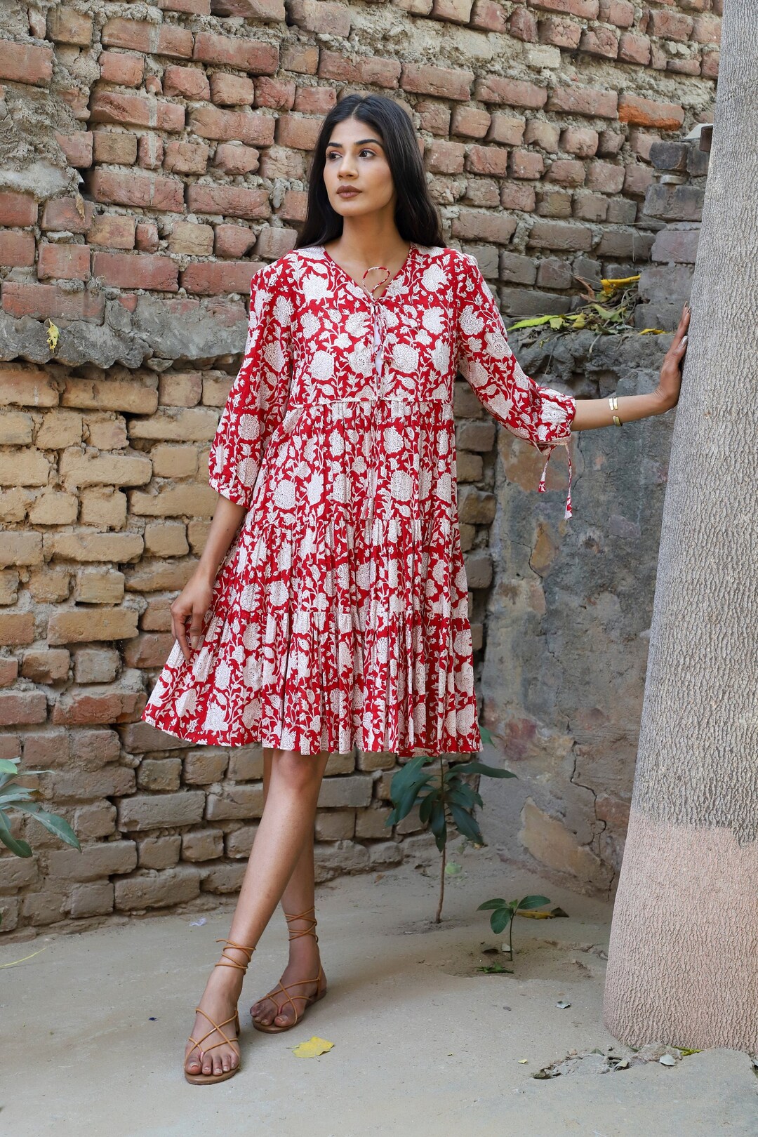 Reddish Printed Cotton Mini Maxi Dress - V Neckline With Cotton Ties ...