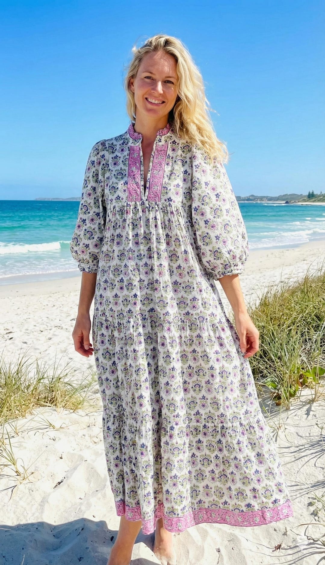 Ivory Pink Blue Floral Hand Block Printed Cotton Maxi Dress – Boho ...