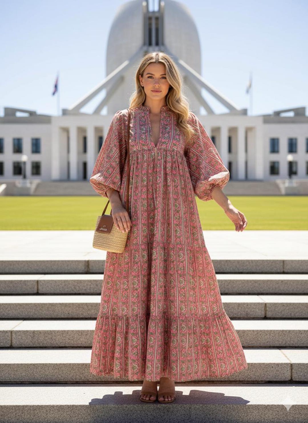 Rose Pink Green Block Print Cotton Maxi Dress – Puff Sleeve Boho Tiered ...