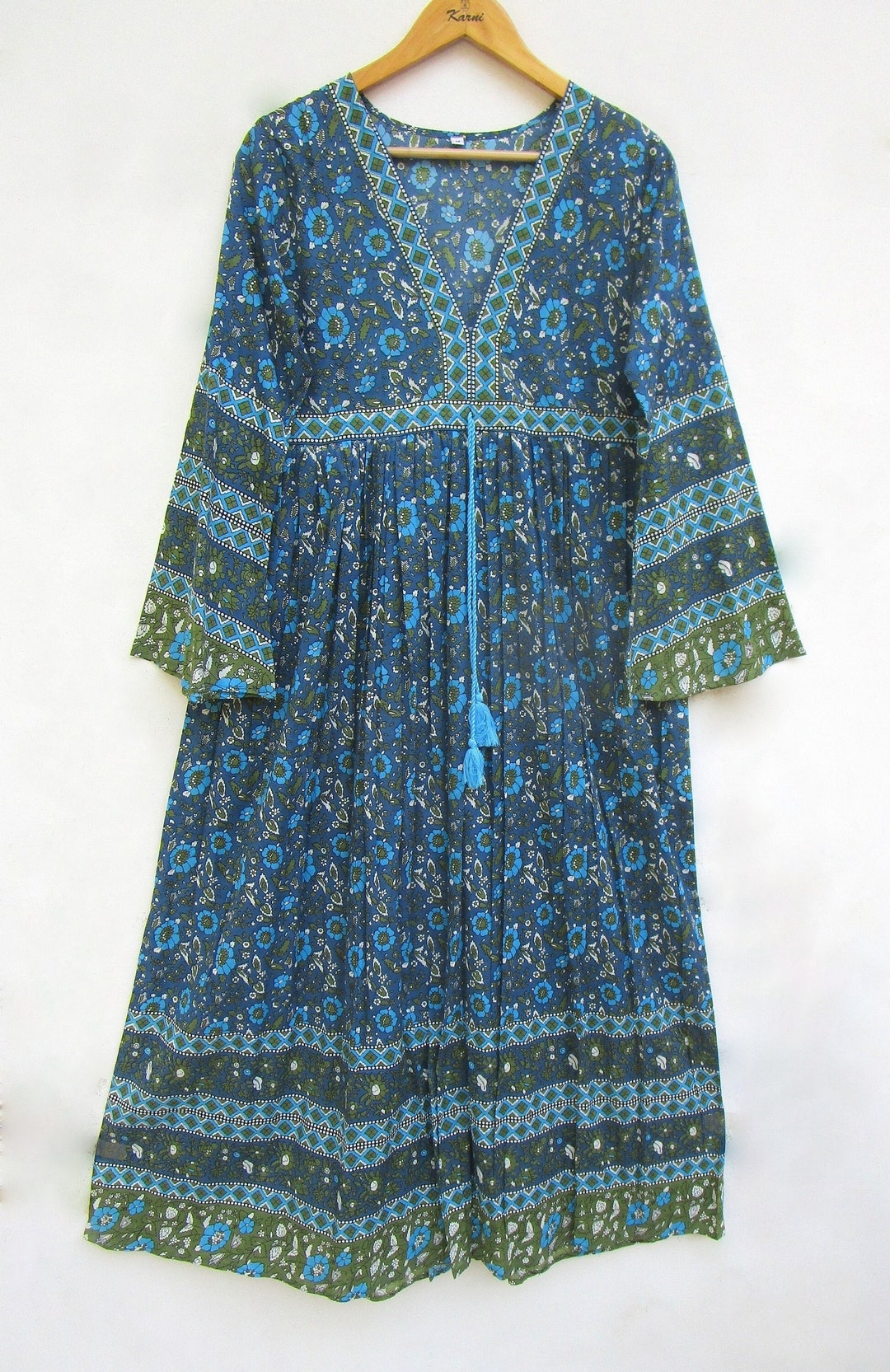 Elegant Printed Cotton Long Maxi Dress Deep V Neckline With Drawstring ...