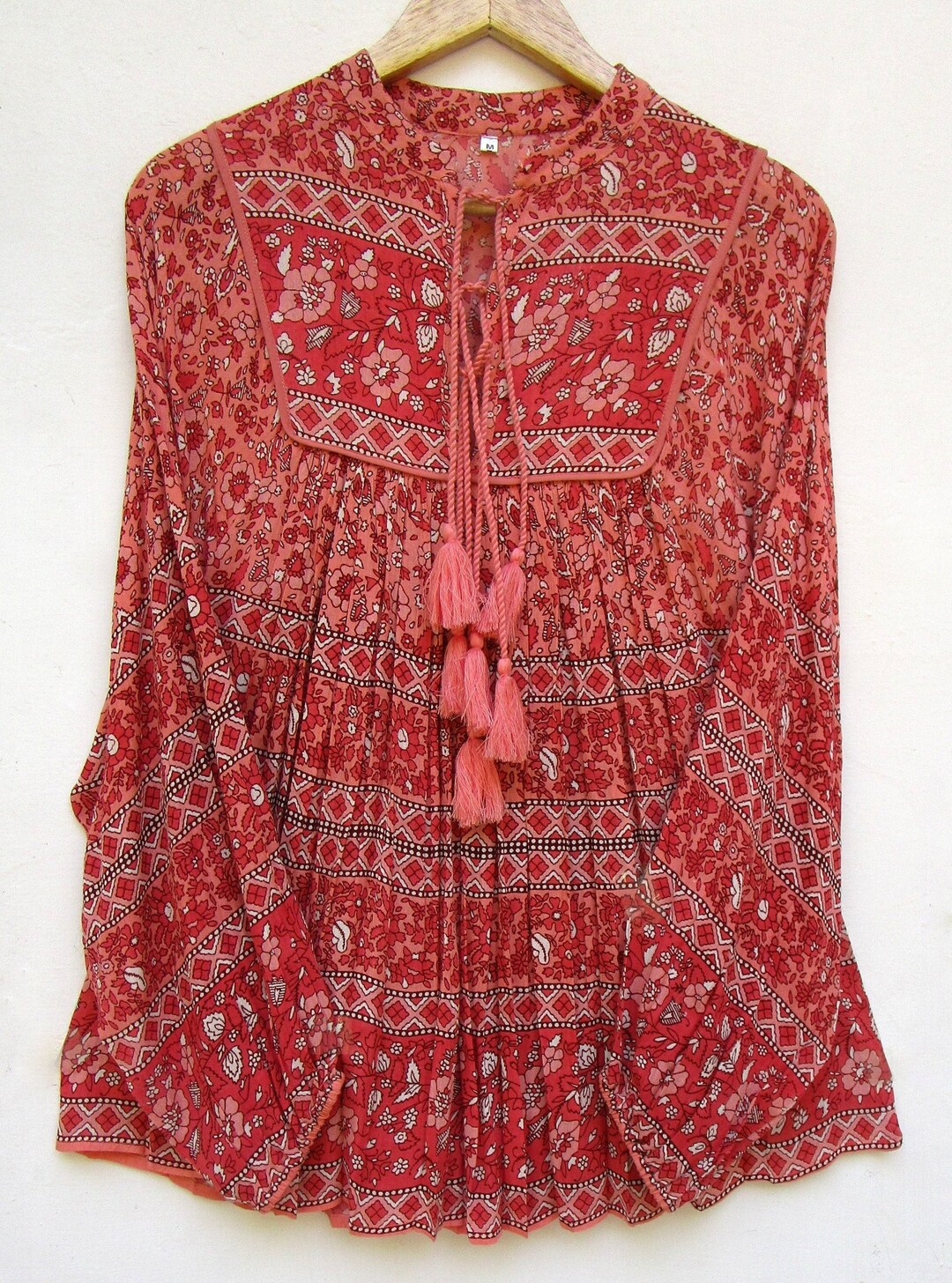 Daily Wear Rayon Printed Blouse and Tops Collared Neckline With Tassel ...