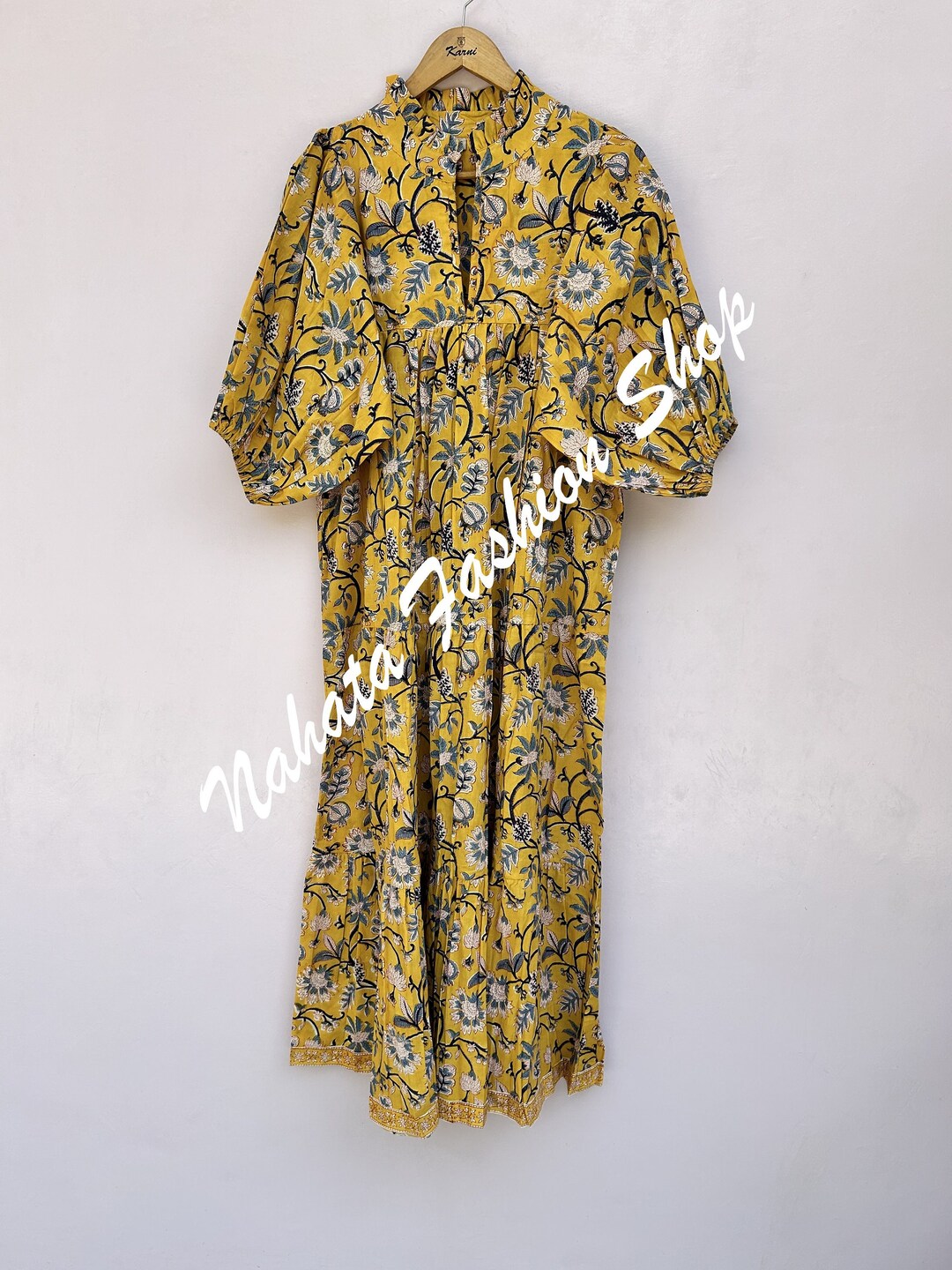 Cotton Yellow Blue Floral Block Printed Maxi Dress - V Neck With ...