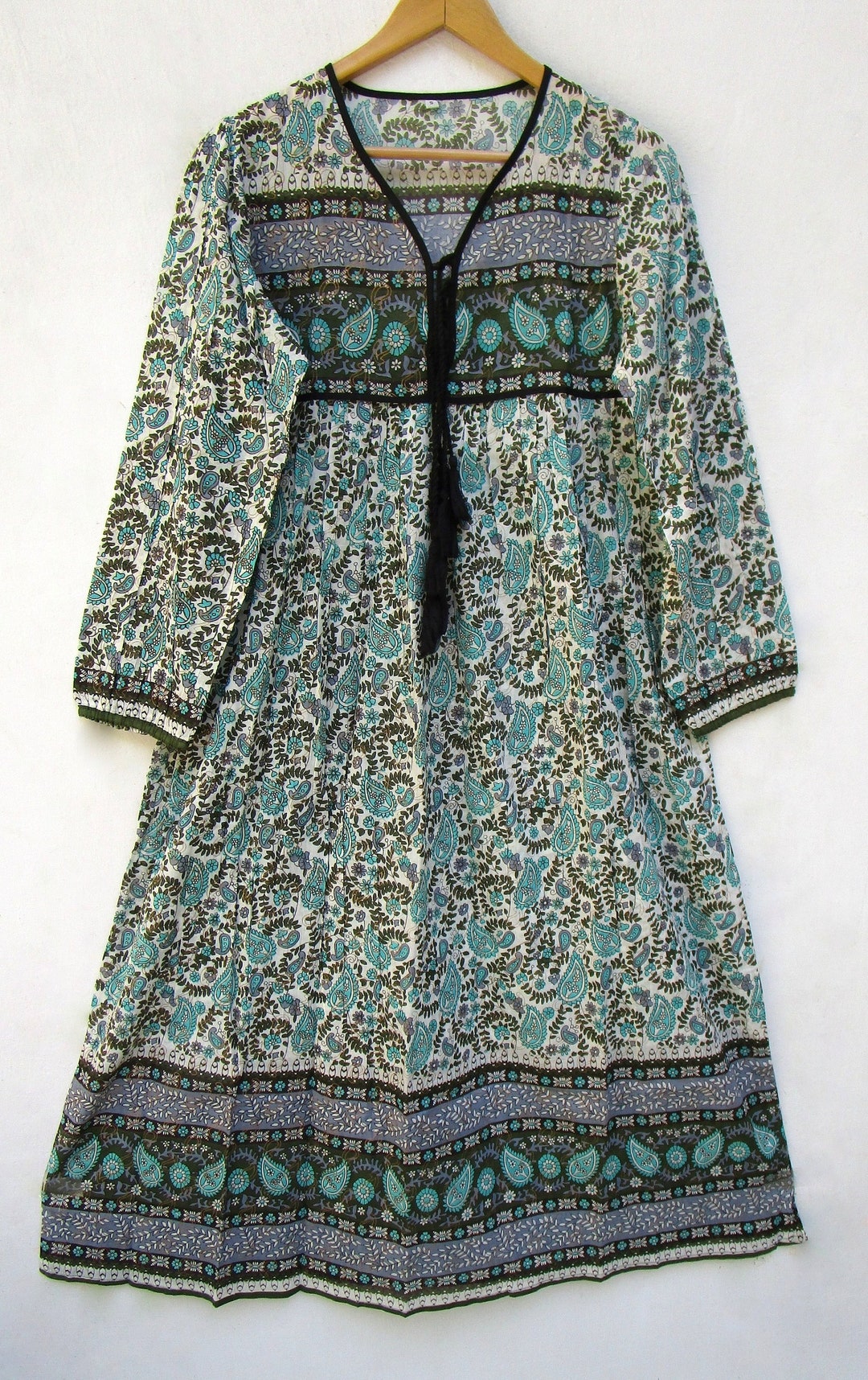 Beautiful Cyan Green Paisley Printed Cotton Long Maxi Dress - Etsy