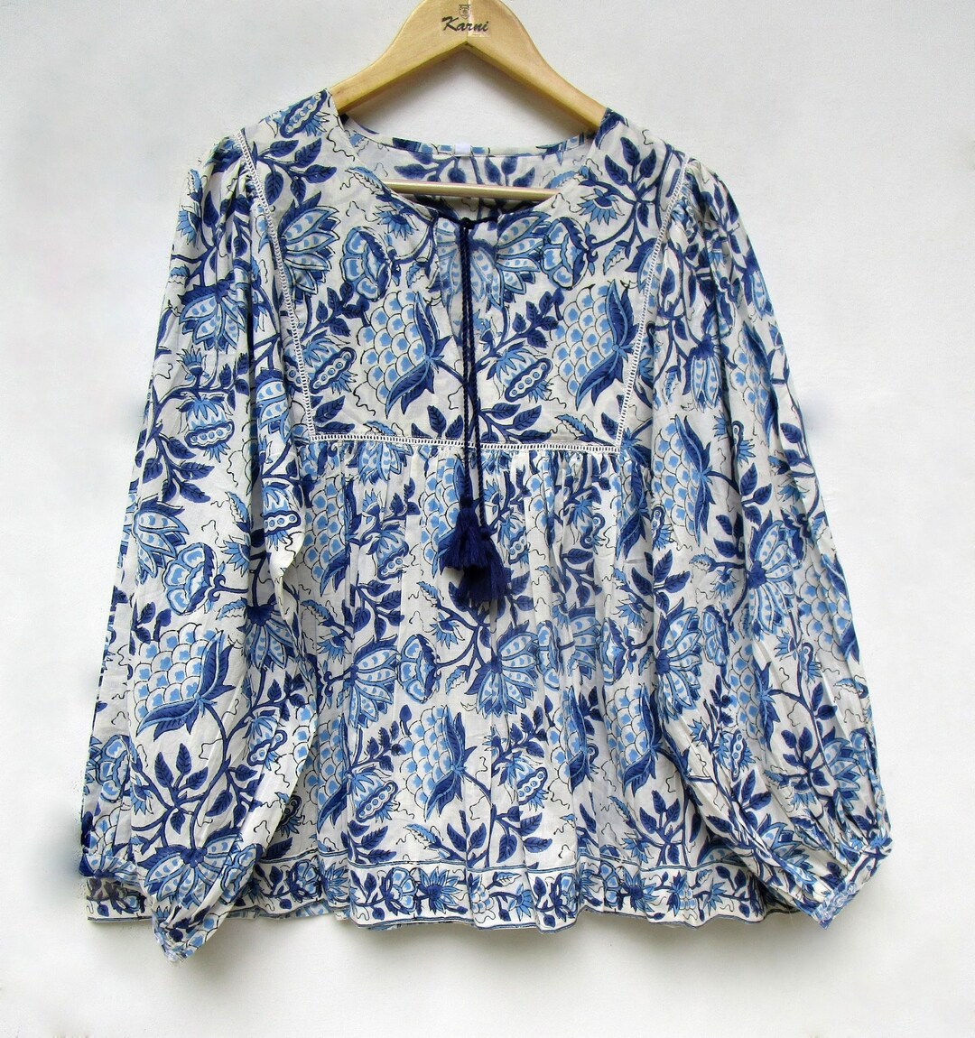 Blue Bubble Printed Cotton Blouse and Tops Henley Neckline With Tassel ...