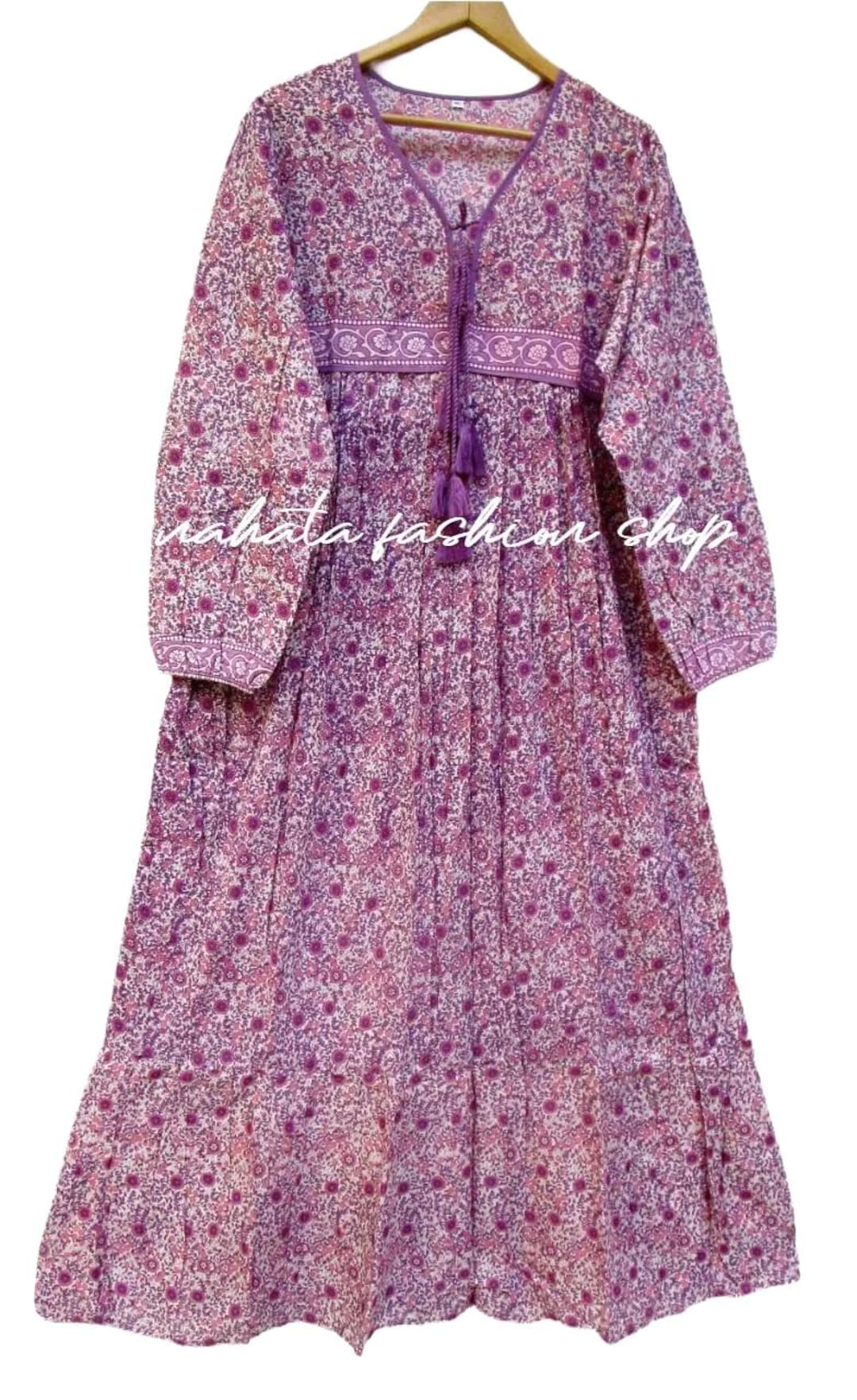 Purple Floral Block Print Cotton Dress – Long Sleeve Boho Maxi With ...